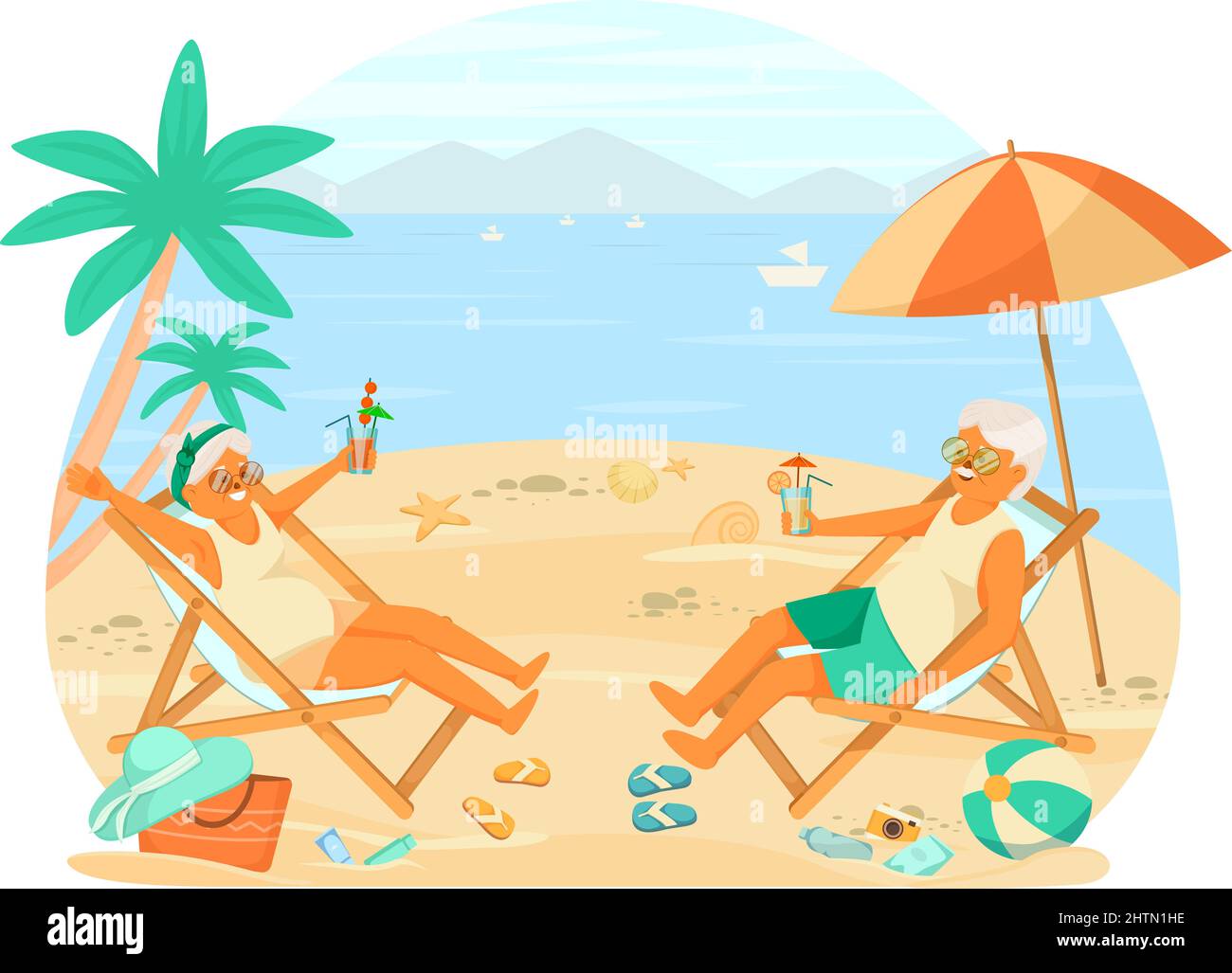 Cartoon Old Couple Sunbathing