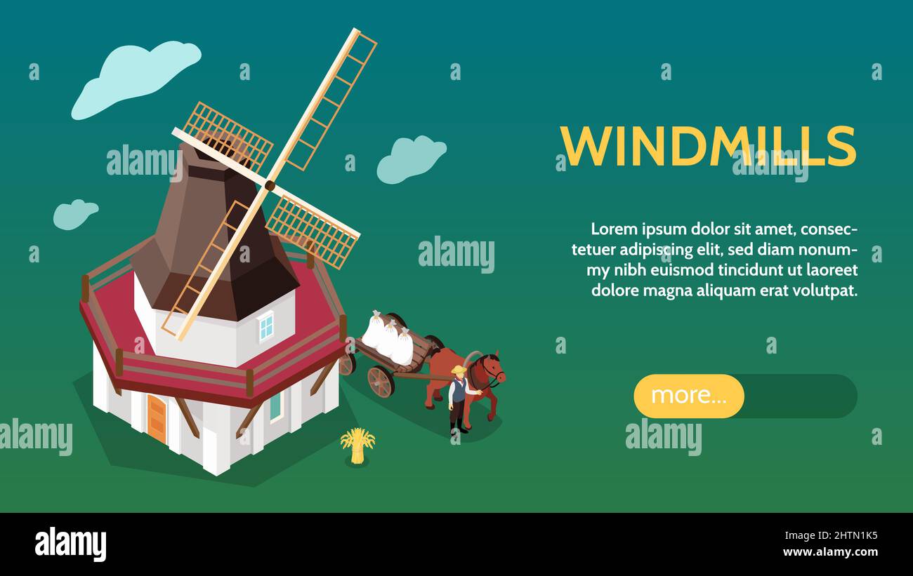 Working windmills isometric horizontal website banner with commercially ...