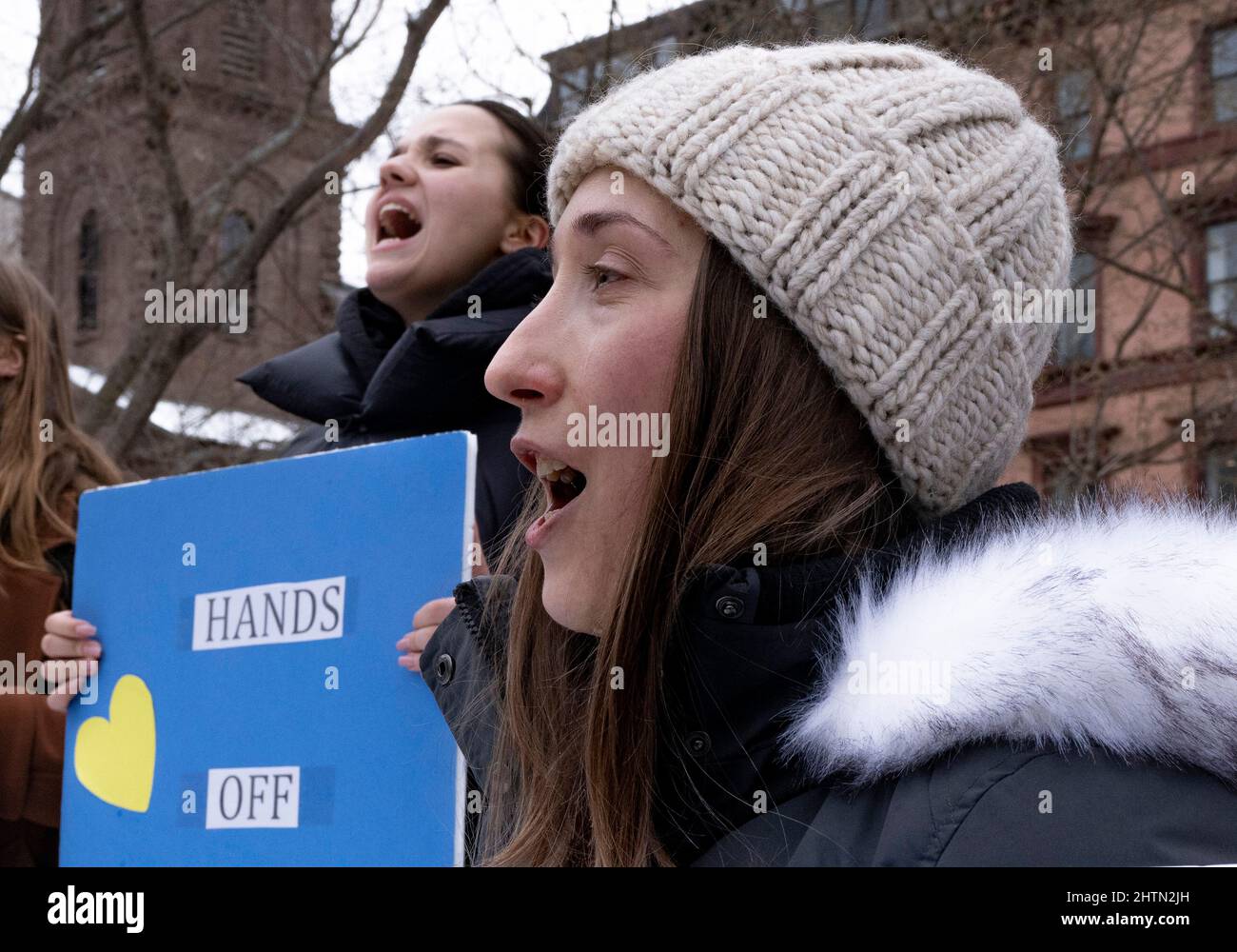 March 1, 2022, Boston, Massachusetts USA: Demonstrator sings Ukrainian ...