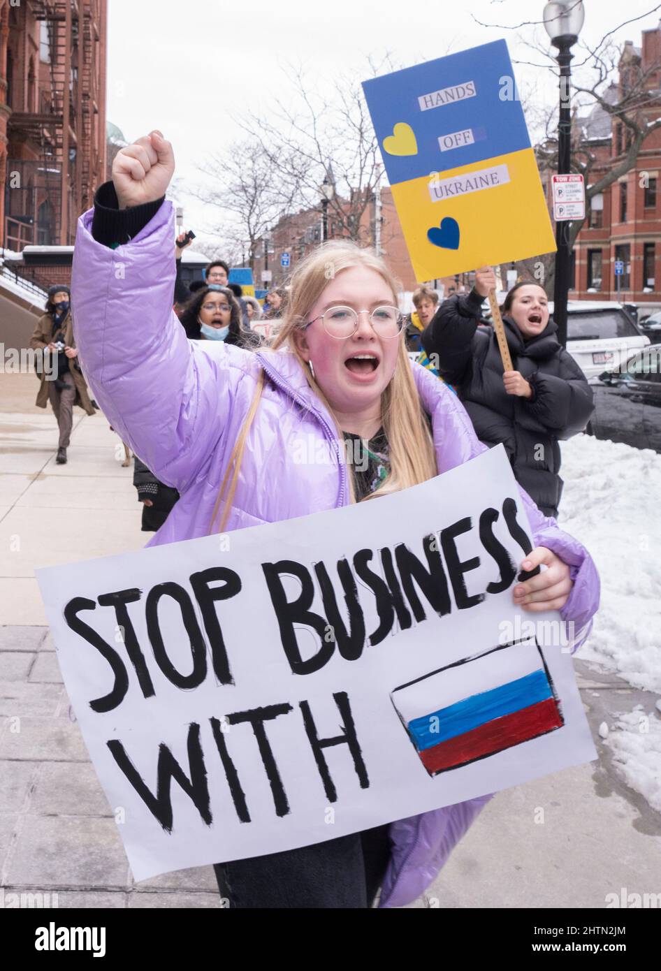 March 1, 2022, Boston, Massachusetts USA: Demonstrator shouts holding a ...
