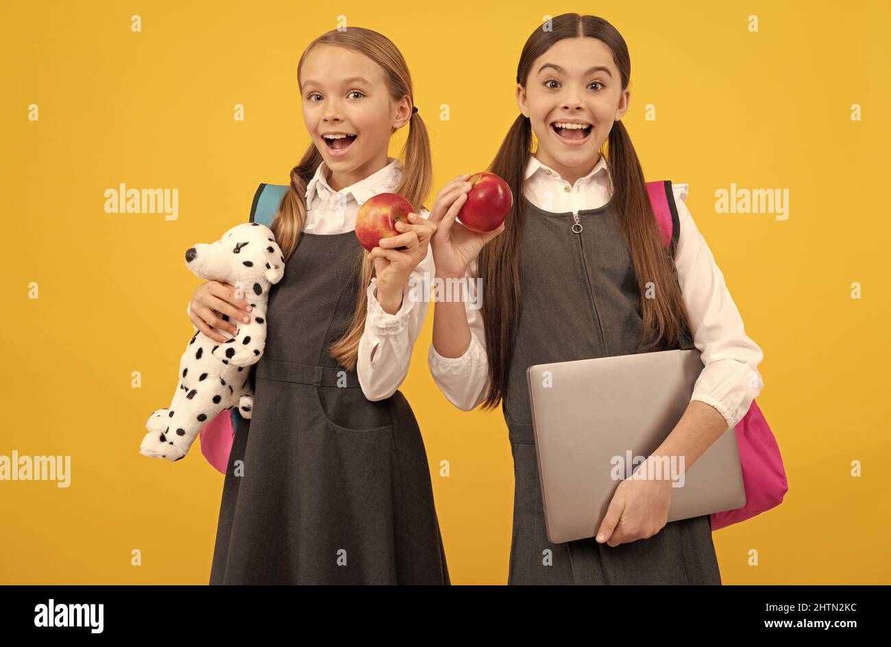 Fresh start. Happy school children hold apples. School snack. Dont ...