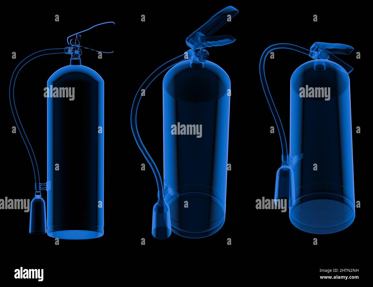 3d rendering x-ray group of fire extinguishers on black background ...