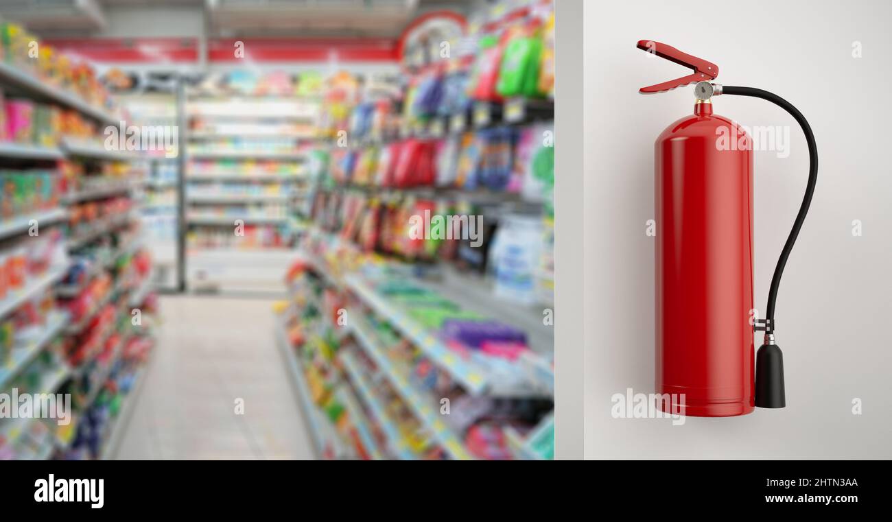 3d rendering fire extinguisher hanging on wall in retail shop Stock ...