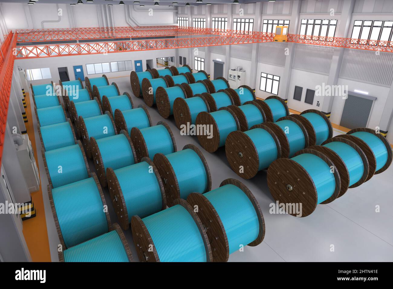 3d rendering rolls of blue wire or cable coils in factory Stock Photo ...
