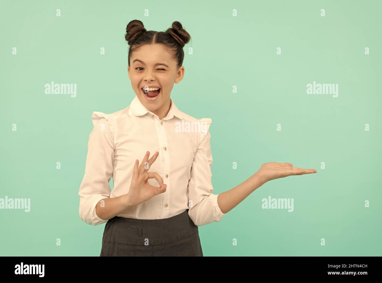 Our aim is your satisfaction. Schoolchild give ring gesture showing open hand. Satisfaction ...