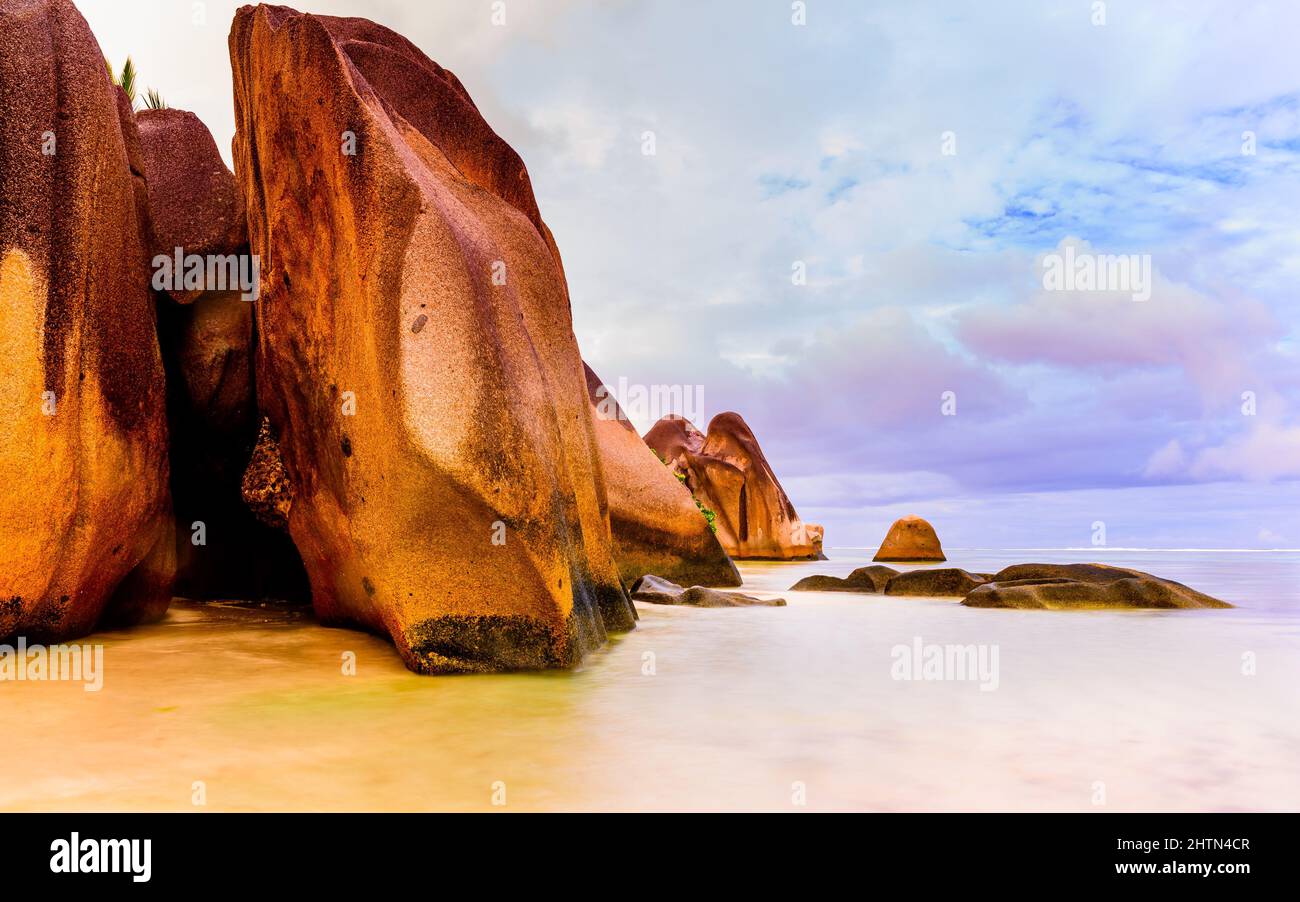 A peaceful morning after thunderstorm in Anse Source d'Arg Stock Photo ...