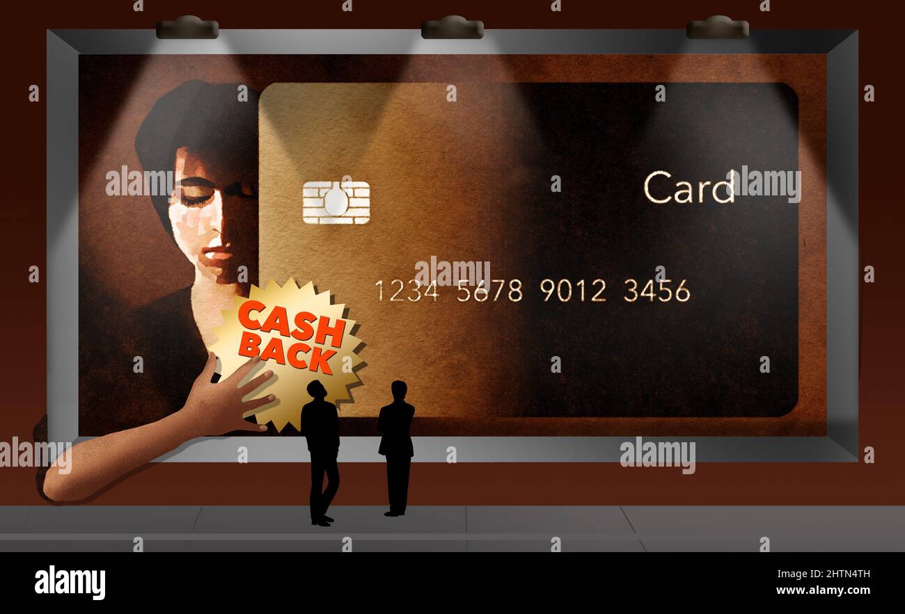 Men admire a billboard for a cash back credit card in a 3-d ...