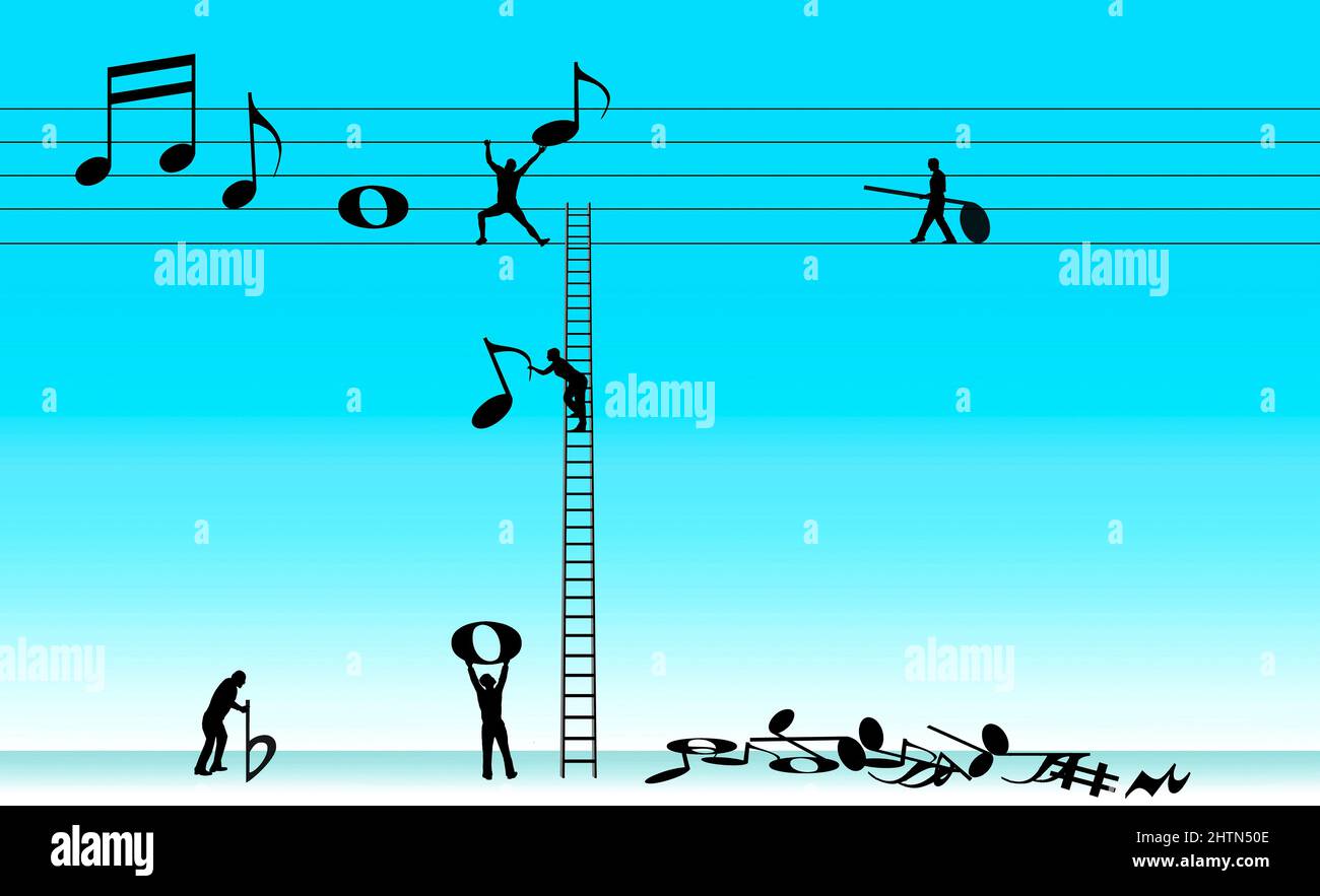 Small silhouetted figures place musical notes on a music staff to ...