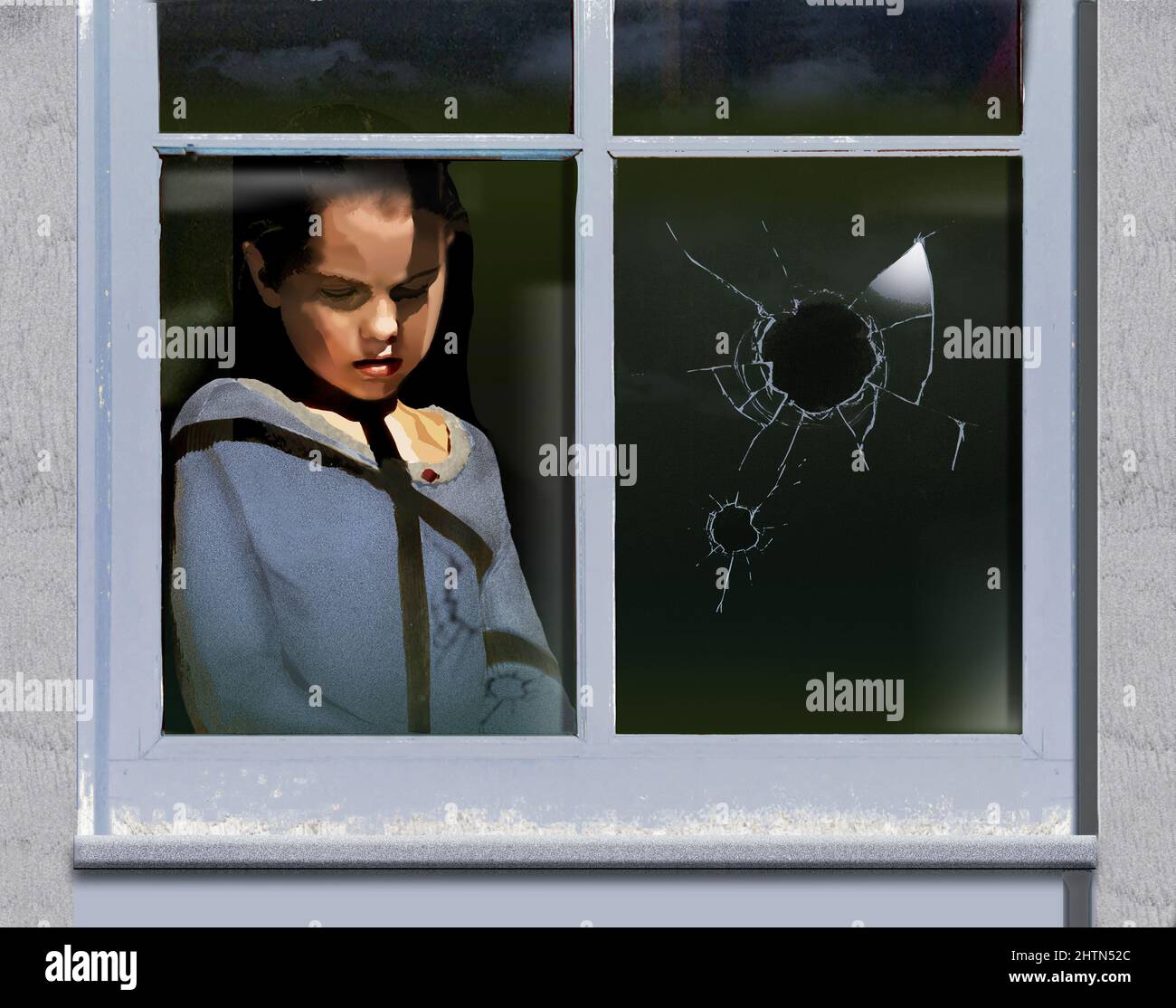 A young girl has serious concerns as she stands next to a broken window ...