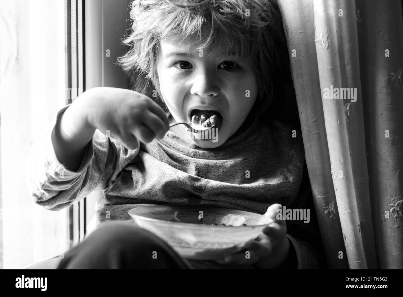 Hungry Kid Eat Child Eating Healthy Food Cute Little Boy Having Soup Hungry Kid Eat Child Eating Healthy Food Cute Little Boy Having Soup