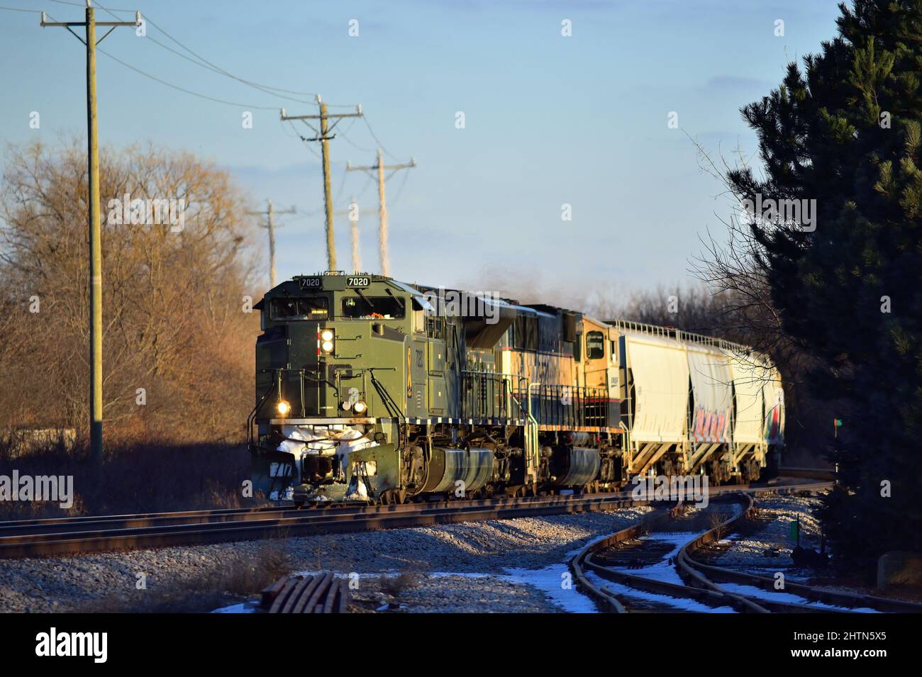 Bartlett, Illinois, USA. A pair of locomotives power a Canadian Pacific Railway freight train ...