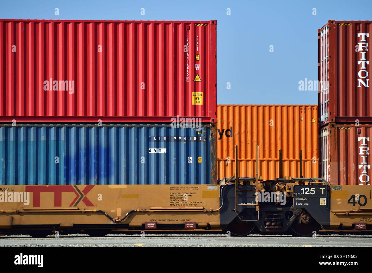 Franklin Park, Illinois, USA. Intermodal containers on freight cars in ...