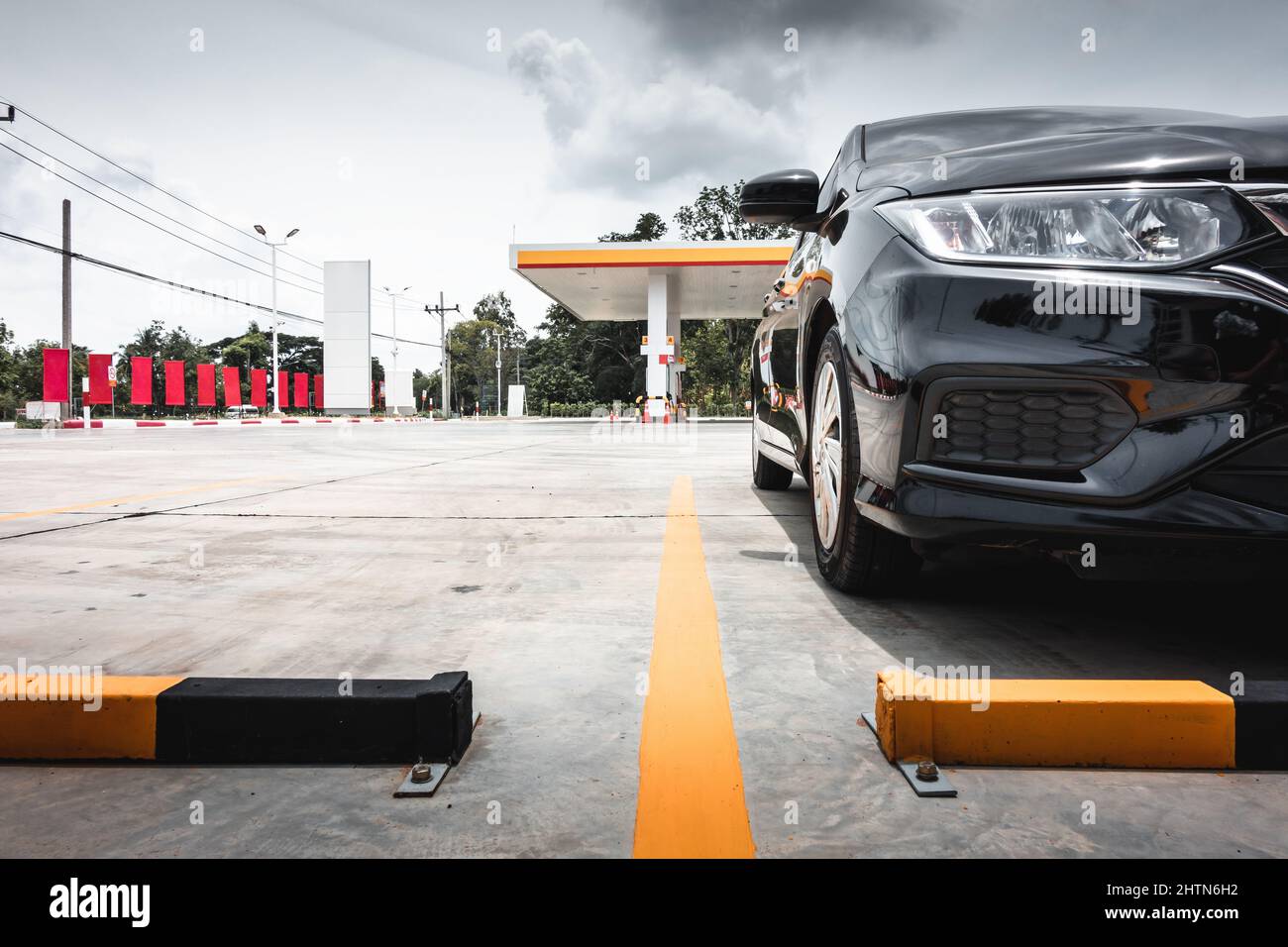 Car Parking Lot and Gas Station, Perspective View of Car Park at Petrol ...