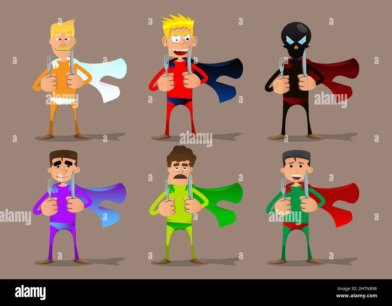 Funny cartoon man dressed as a superhero holding up a knife and fork ...