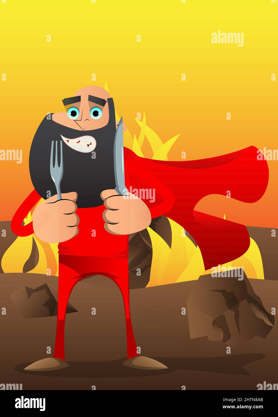 Funny cartoon man dressed as a superhero holding up a knife and fork ...