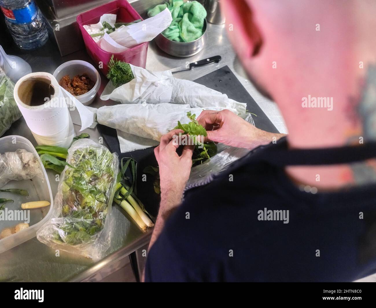 Chef working with some aromatic herbs in a restaurant kitchen Stock ...