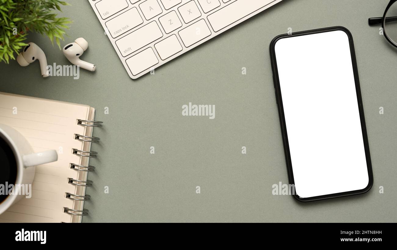 Modern workplace table top view with keyboard computer, a cup of black ...
