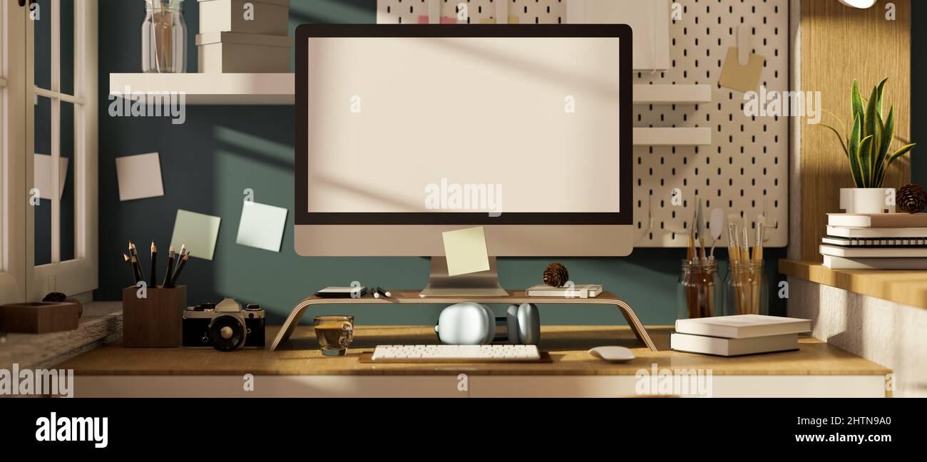 Creative modern workspace with pc desktop computer white screen mockup ...