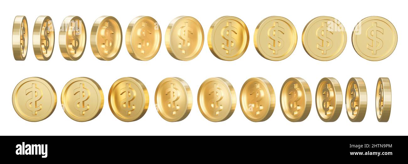 Set of golden dollar coin in different shape on white background. 3d ...