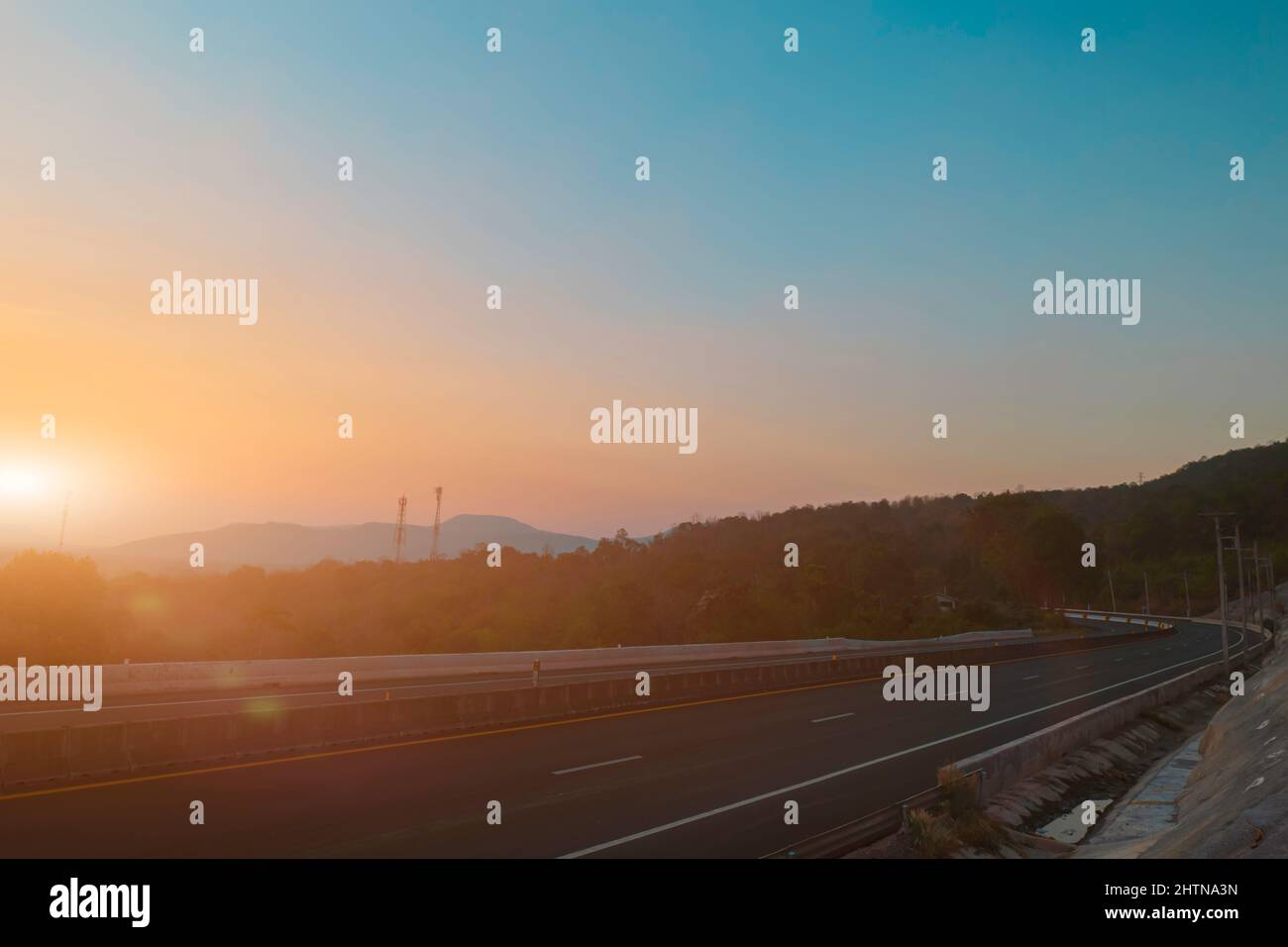 Asphalt road and mountain landscape at sunset sky background. Country ...