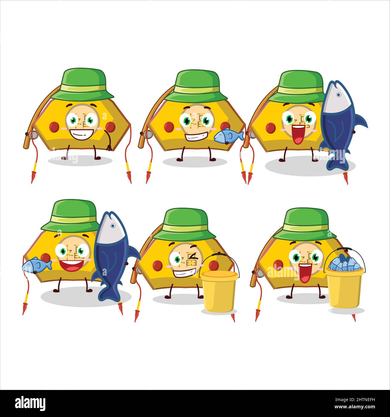 A fisherman yellow chinese woman hat cartoon picture catch a big fish ...