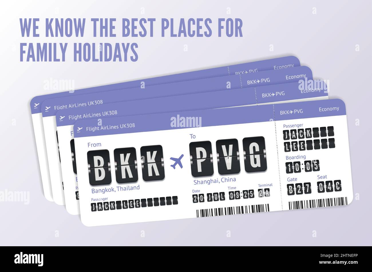 Four Boarding pass for big family. Airline coupons for holiday journey ...