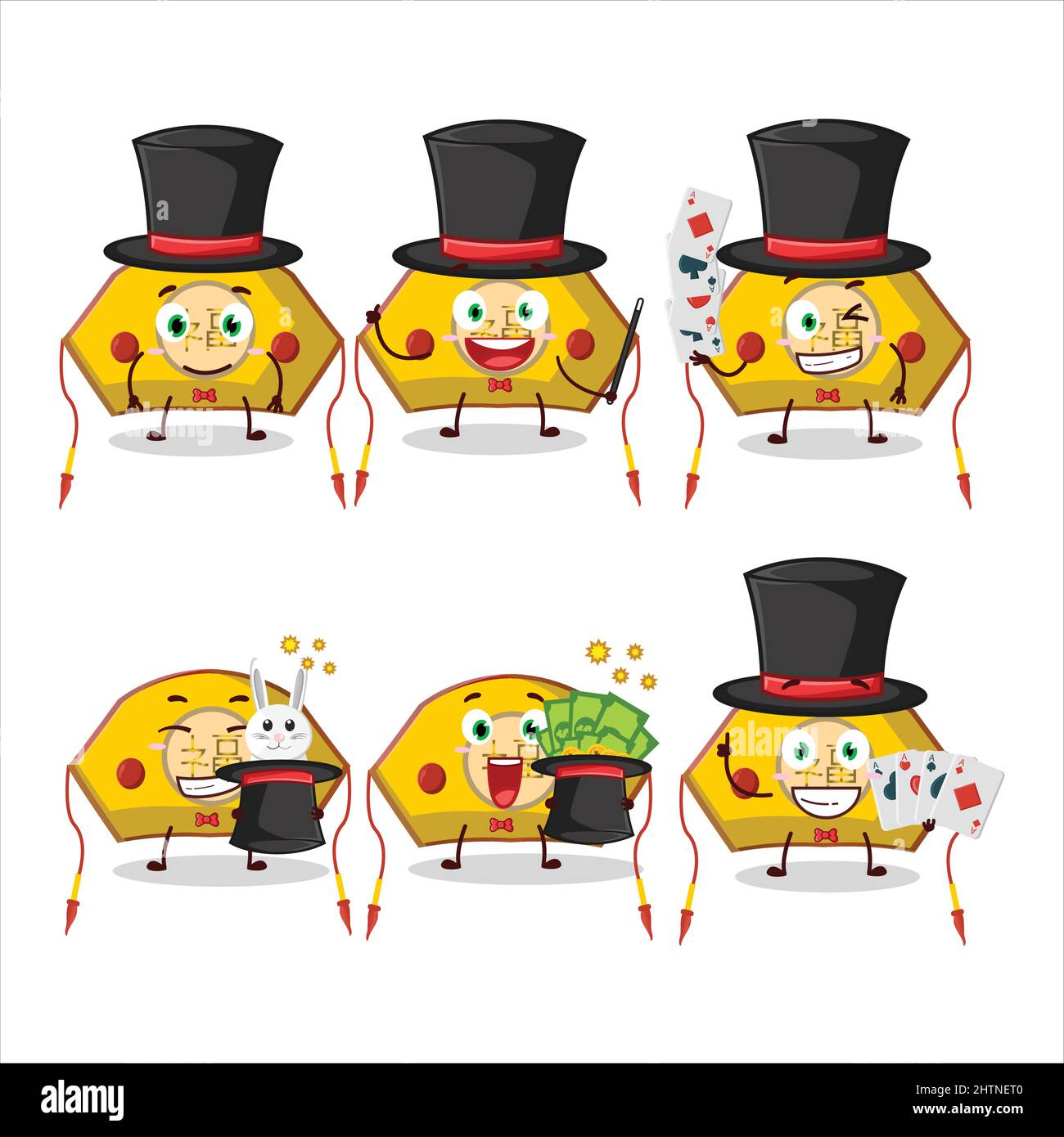 A yellow chinese woman hat Magician cartoon character perform on a ...