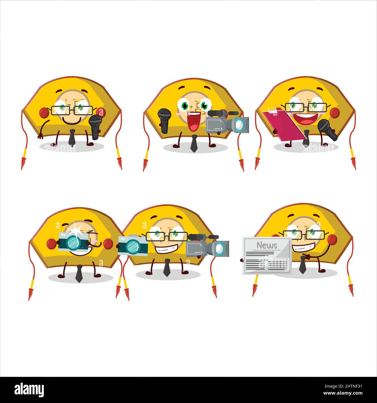 Character reporter yellow chinese woman hat cute mascot with microphone ...
