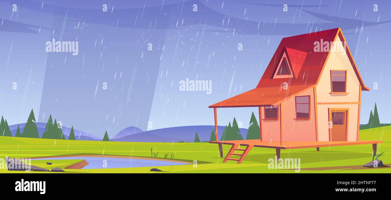 Wooden stilt house at rainy weather. Old shack with terrace on piles ...