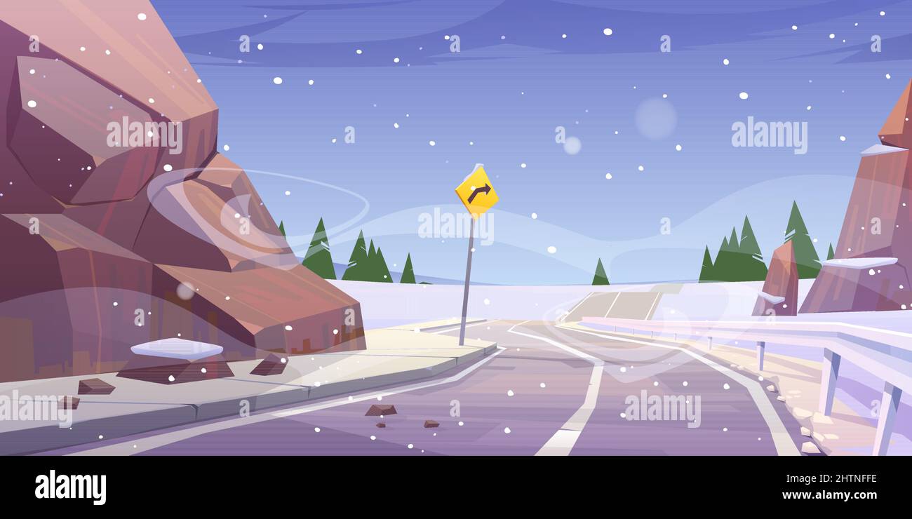 Winter mountain asphalt road with fencing and turn sign under falling ...