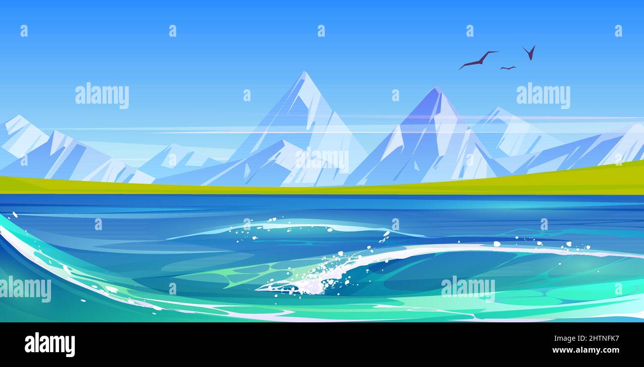 Ocean or sea waves with white foam, nature landscape with flying birds ...