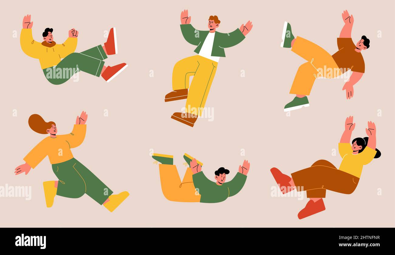 People fall down after slip, slide on wet floor or stumble. Vector flat ...