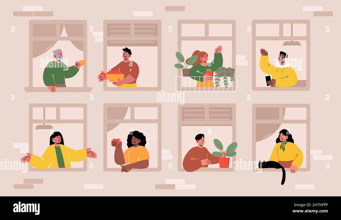 House facade with people in windows with coffee, cat and plants ...