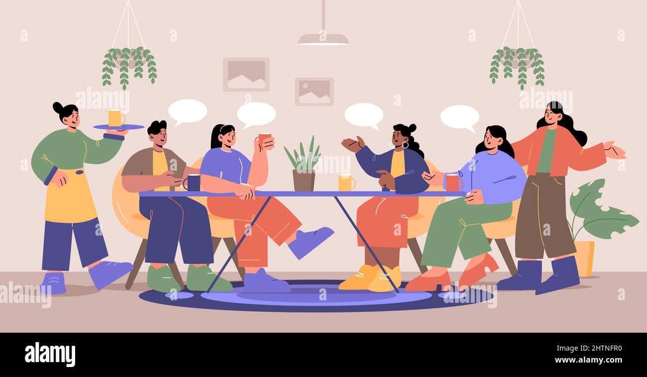 Friends drink coffee and talk in cafe. Vector flat illustration of ...