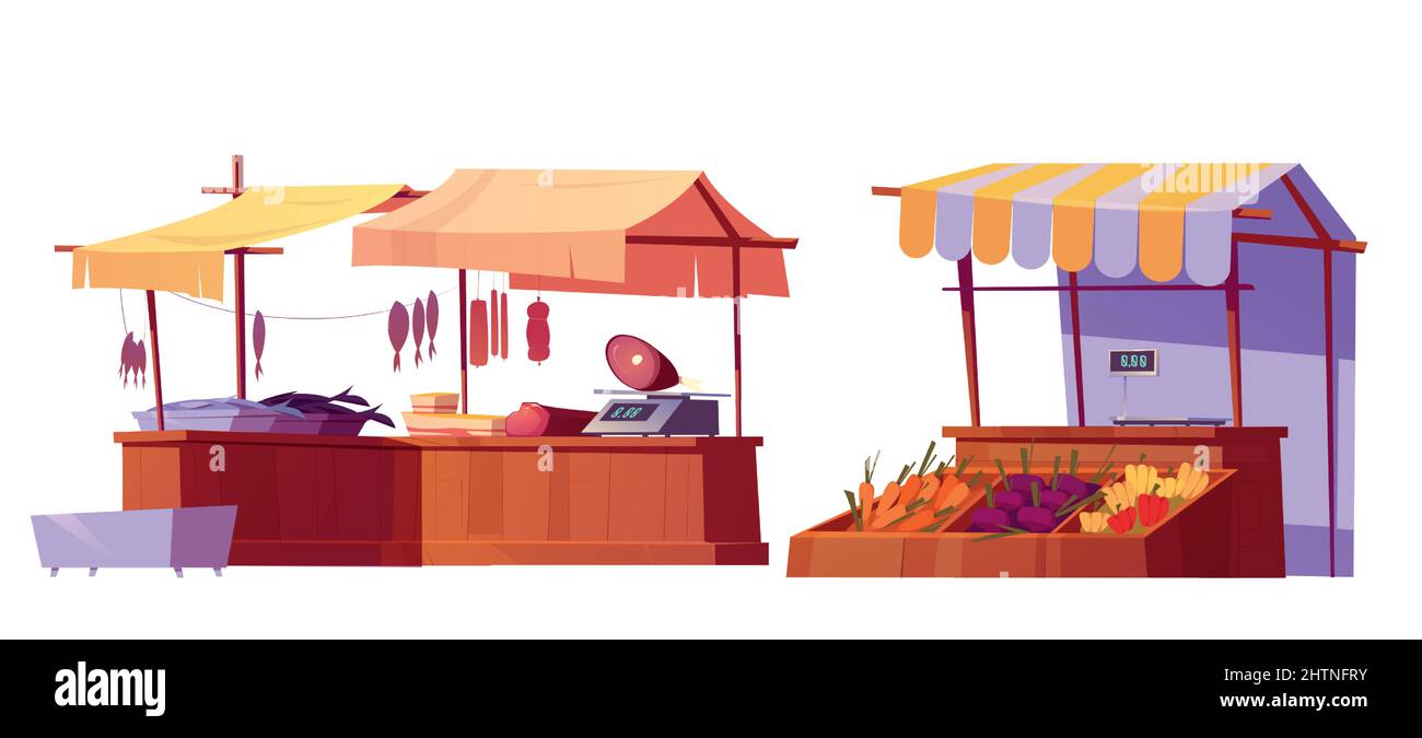 Outdoor farm market stalls, wooden fair booths or kiosks with awning ...