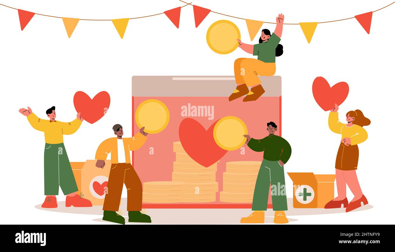 Donation, volunteers charity concept. Tiny characters throw coins and ...