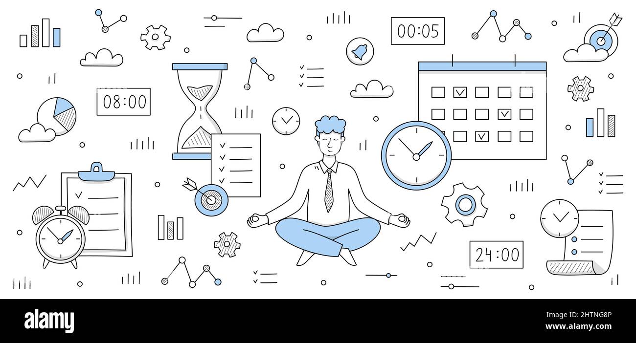 Time management concept with man meditate in yoga pose and icons of ...