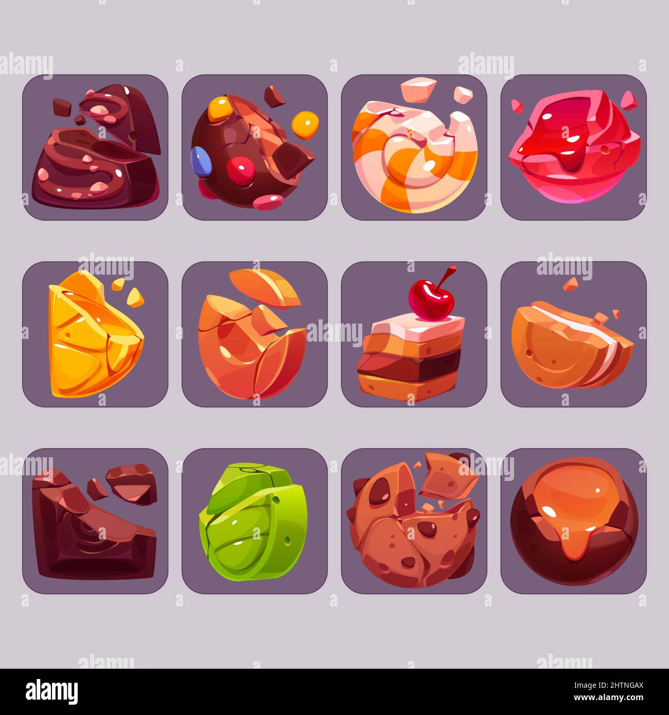 Broken candy game icons cartoon crushed sweets with bites and crumbles ...