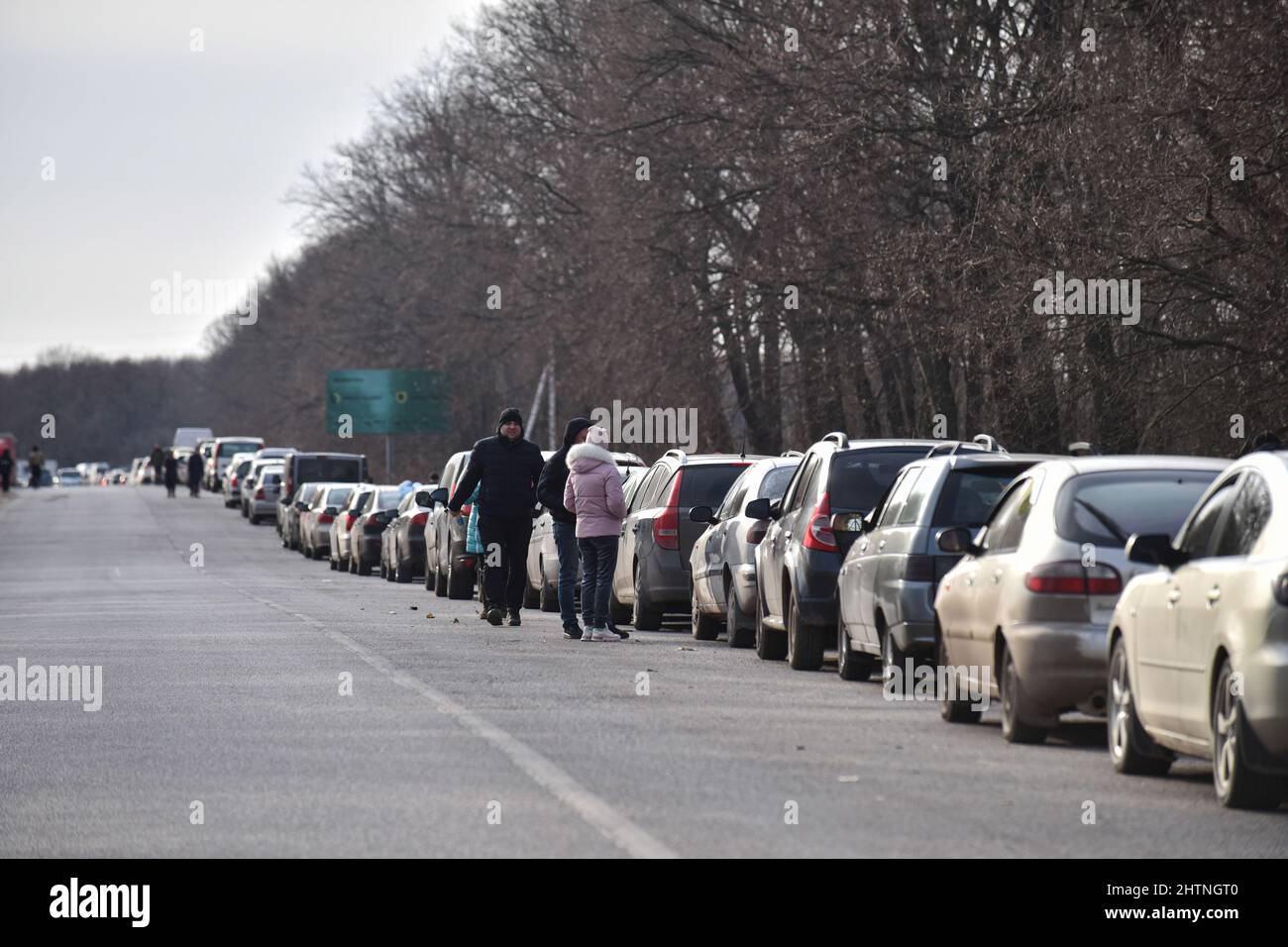 A queue of cars heading to the Shehyni checkpoint to cross the ...