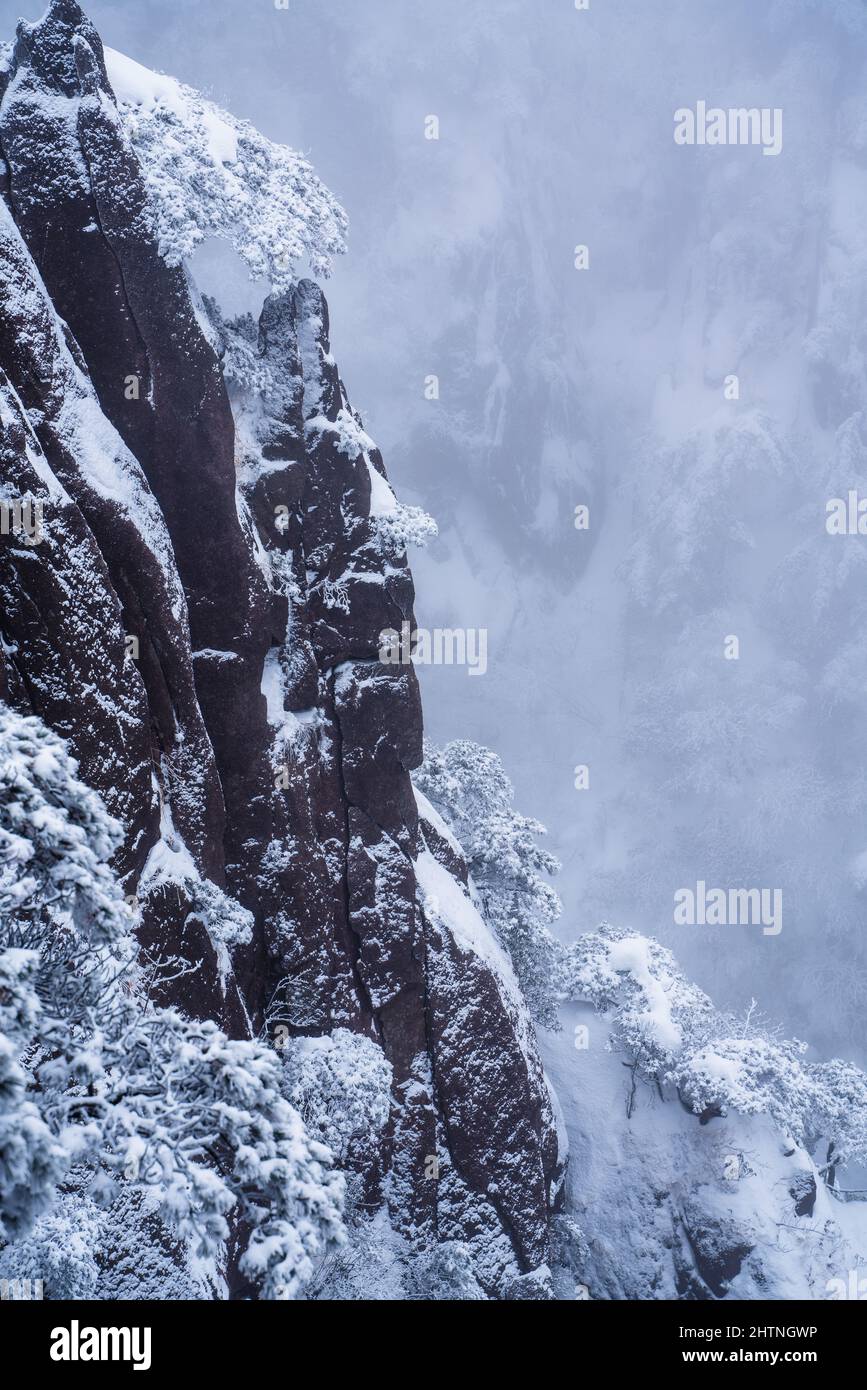 Snow landscape at Yellow Mountain, Anhui provinces, China, winter time ...