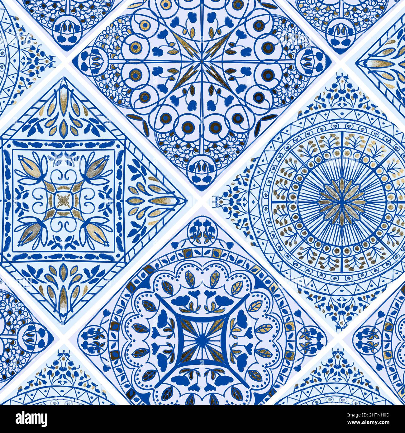 A collection of blue mosaic tiles in geometric circular designs with ...