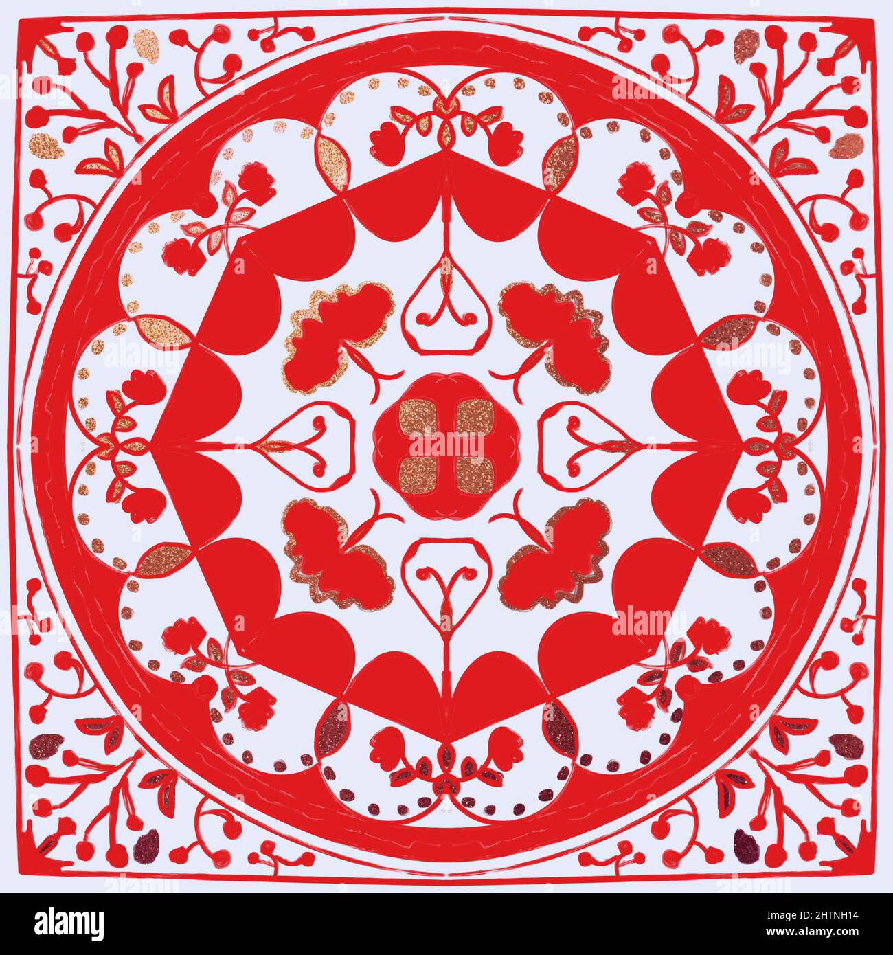 Red mosaic tile in floral pattern with glittering gold highlights on ...