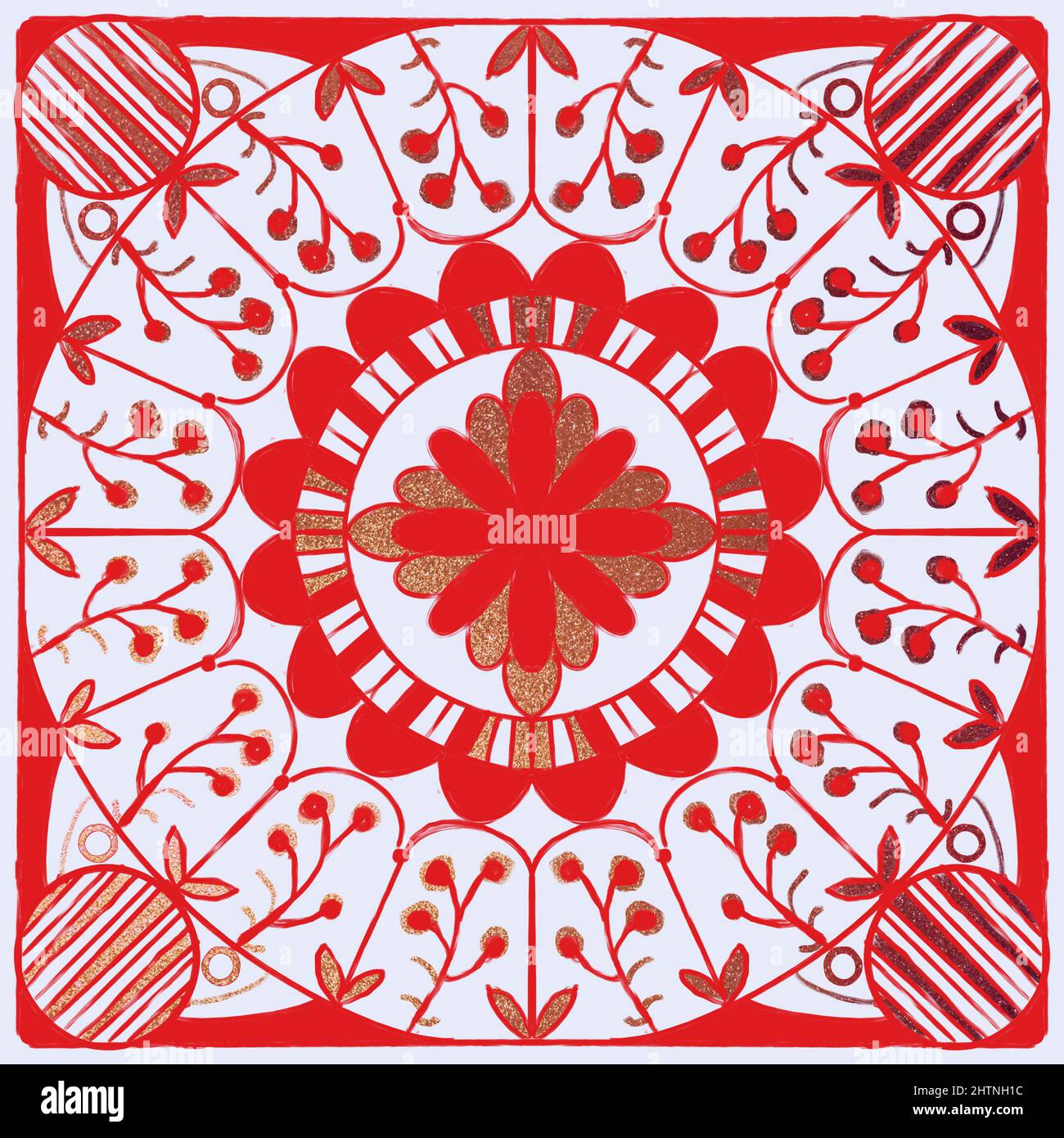 Red mosaic tile in floral pattern with glittering gold highlights on ...