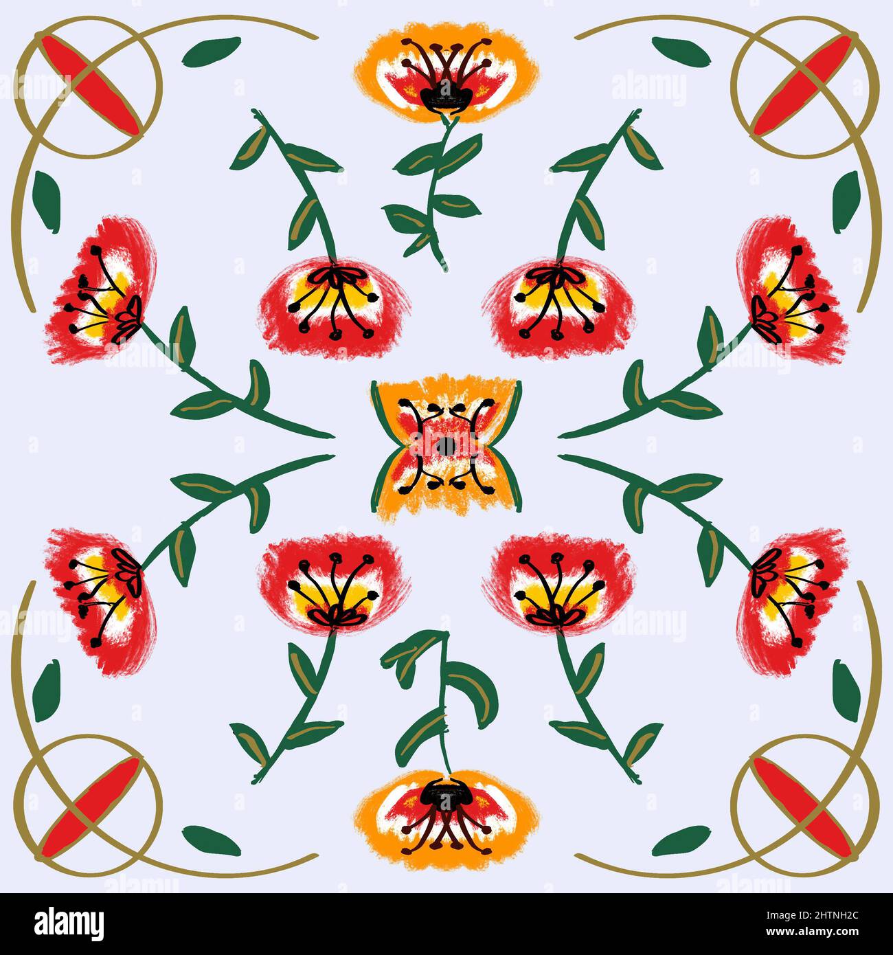 Floral tile hand painted circular design, colorful flowers on square ...