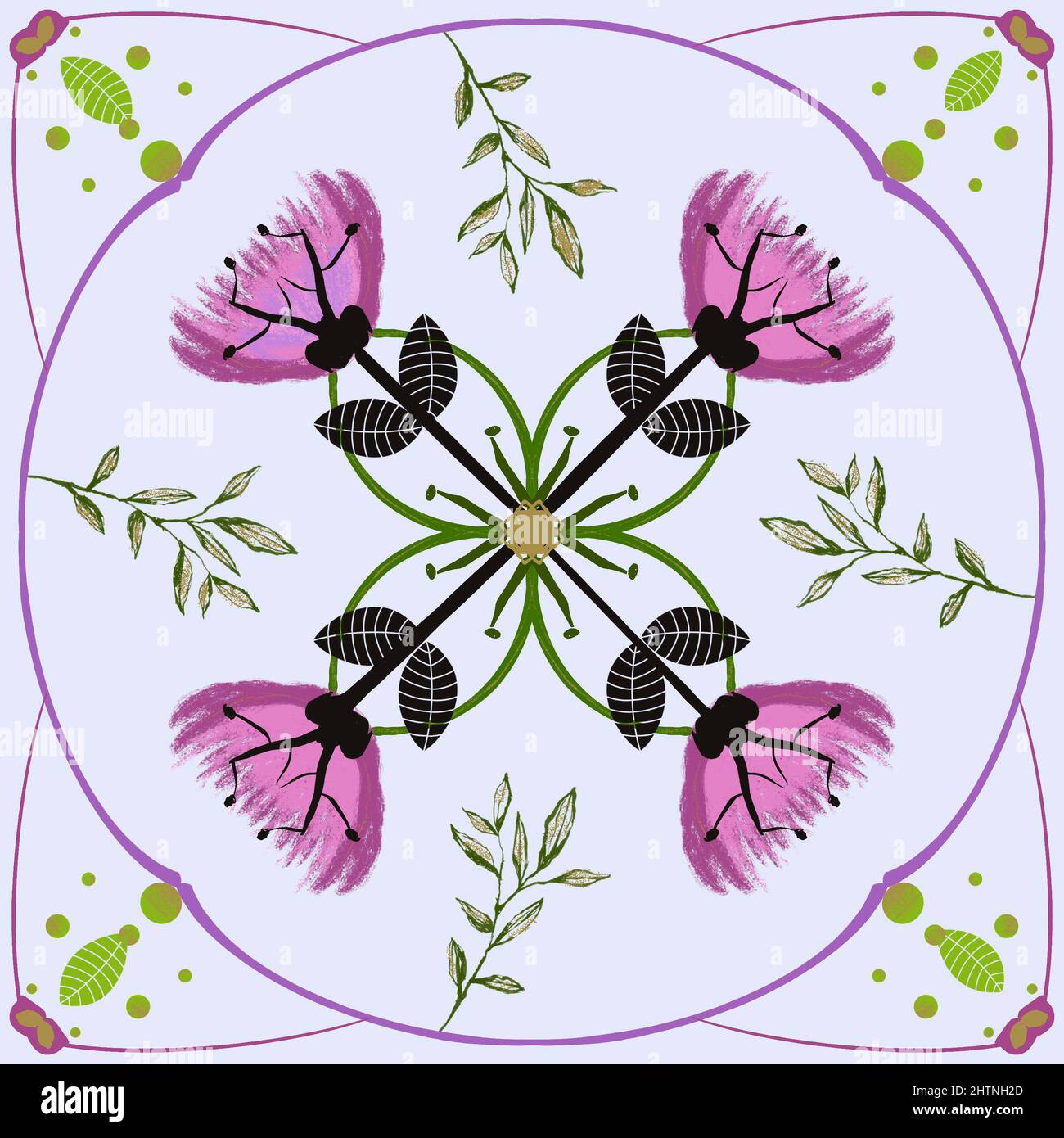 Floral tile hand painted circular design, colorful flowers on square ...