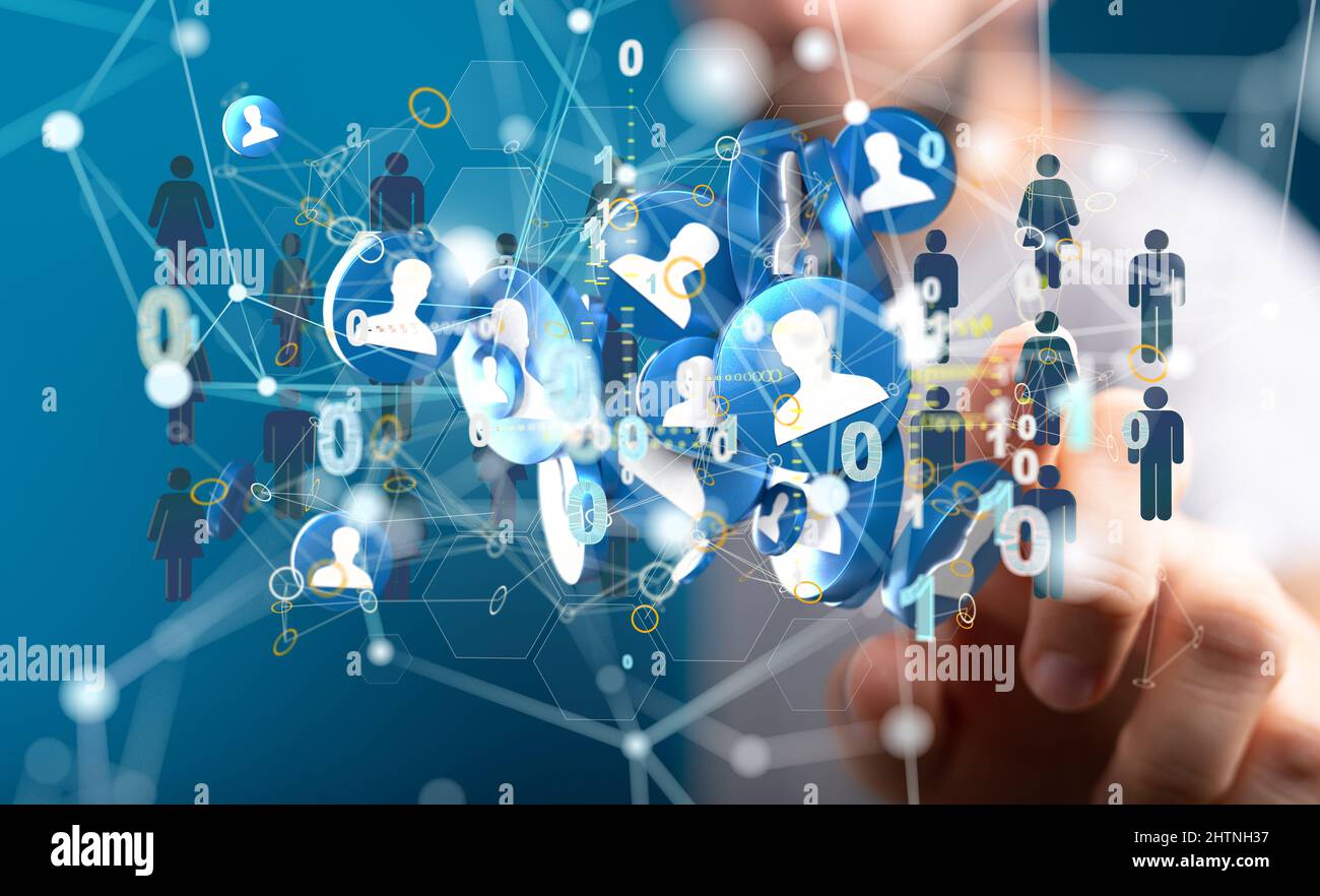 Finger pointing at network of social media user signs Stock Photo - Alamy