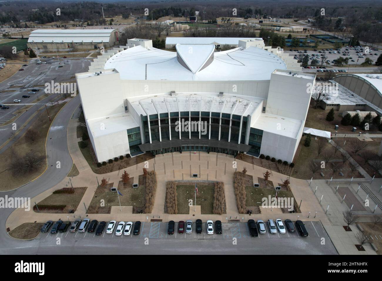 An aerial view of Simon Skjodt Assembly Hall on the campus of Indiana ...