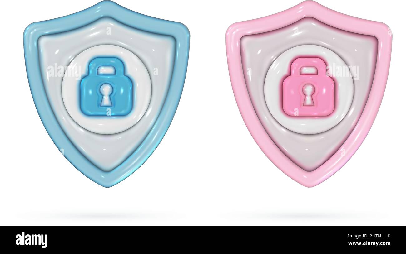 3d glossy shield in realistic style. Blue and pink screen with lock ...
