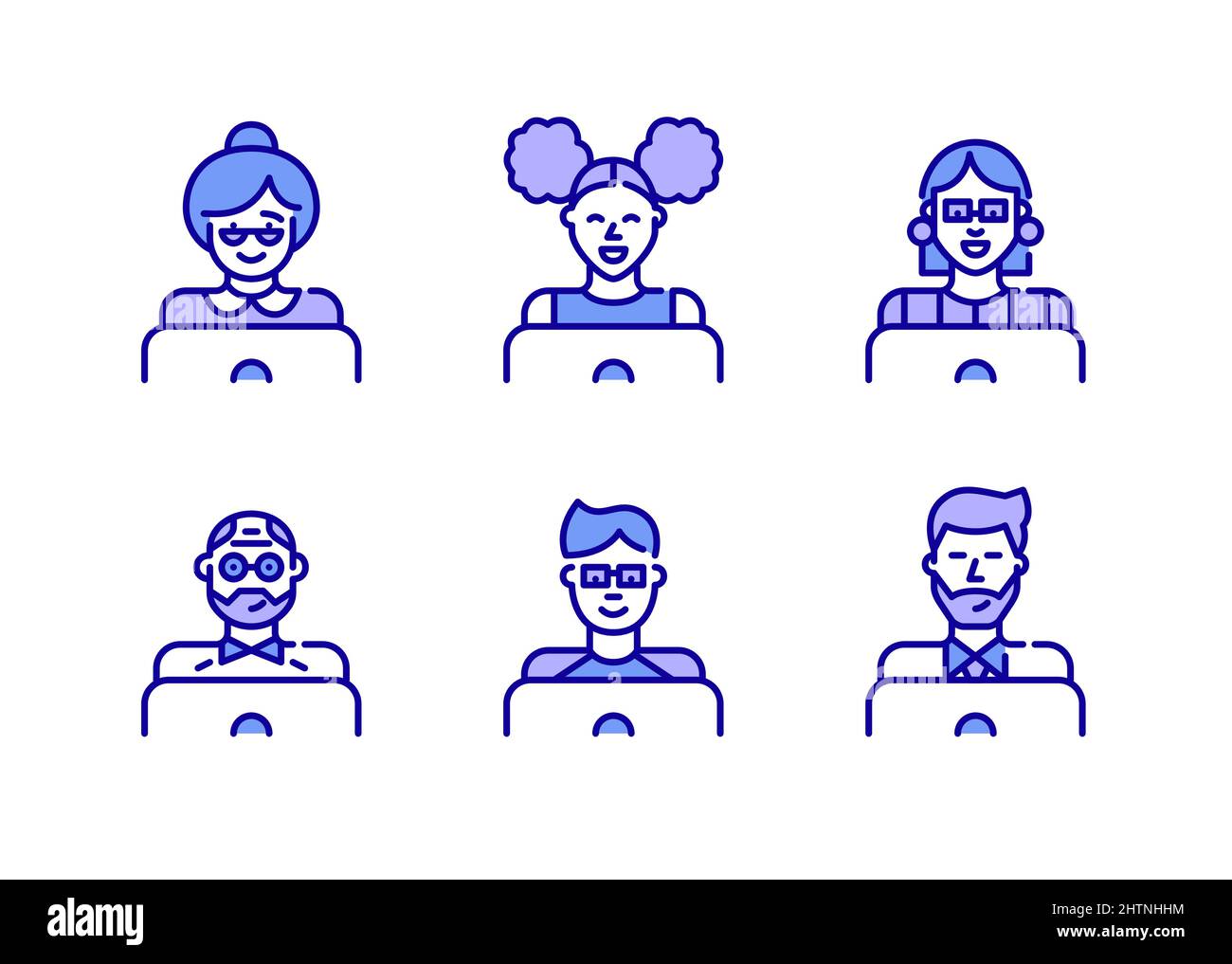 Male and female people of different ages working or learning at laptops ...