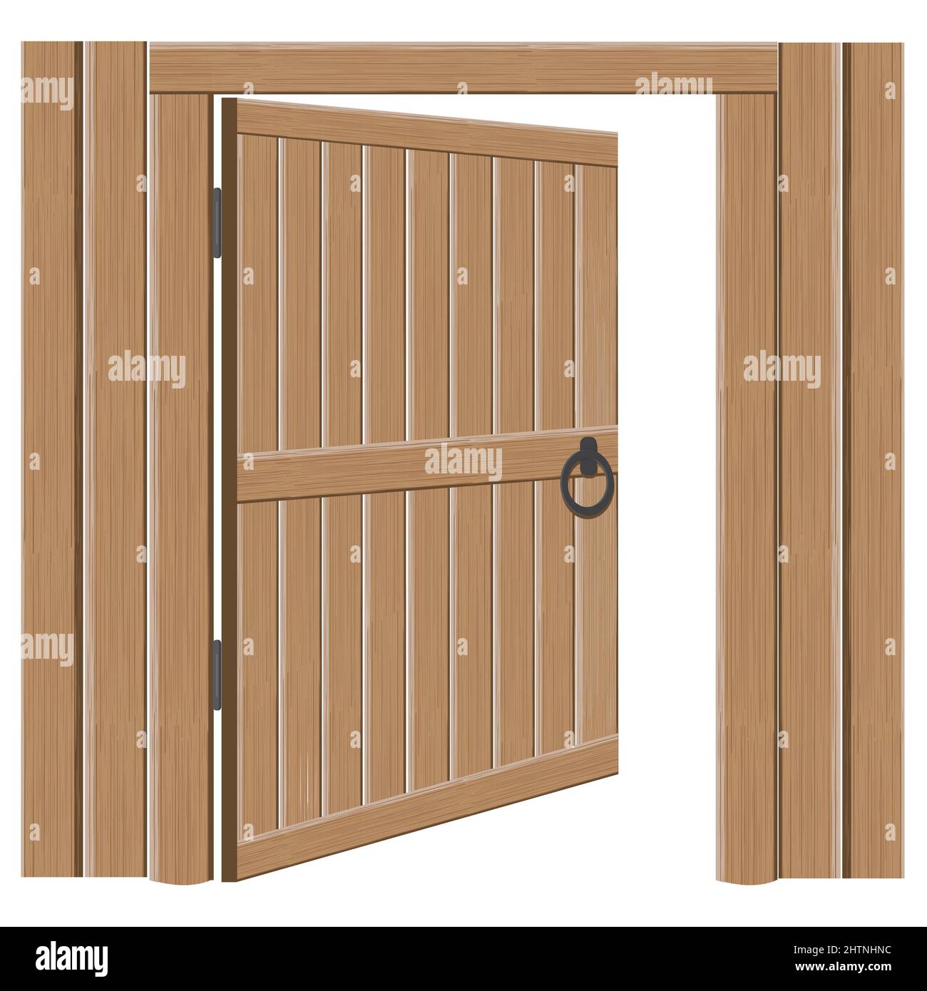 Old wooden massive open gates, vector illustration. Single door with ...